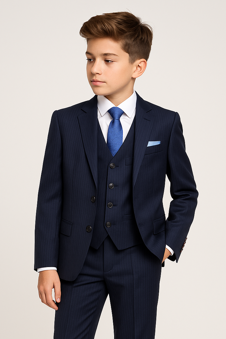 Boys Pinstripe Suit 5 Piece Husky & Regular Sizes | Sirri