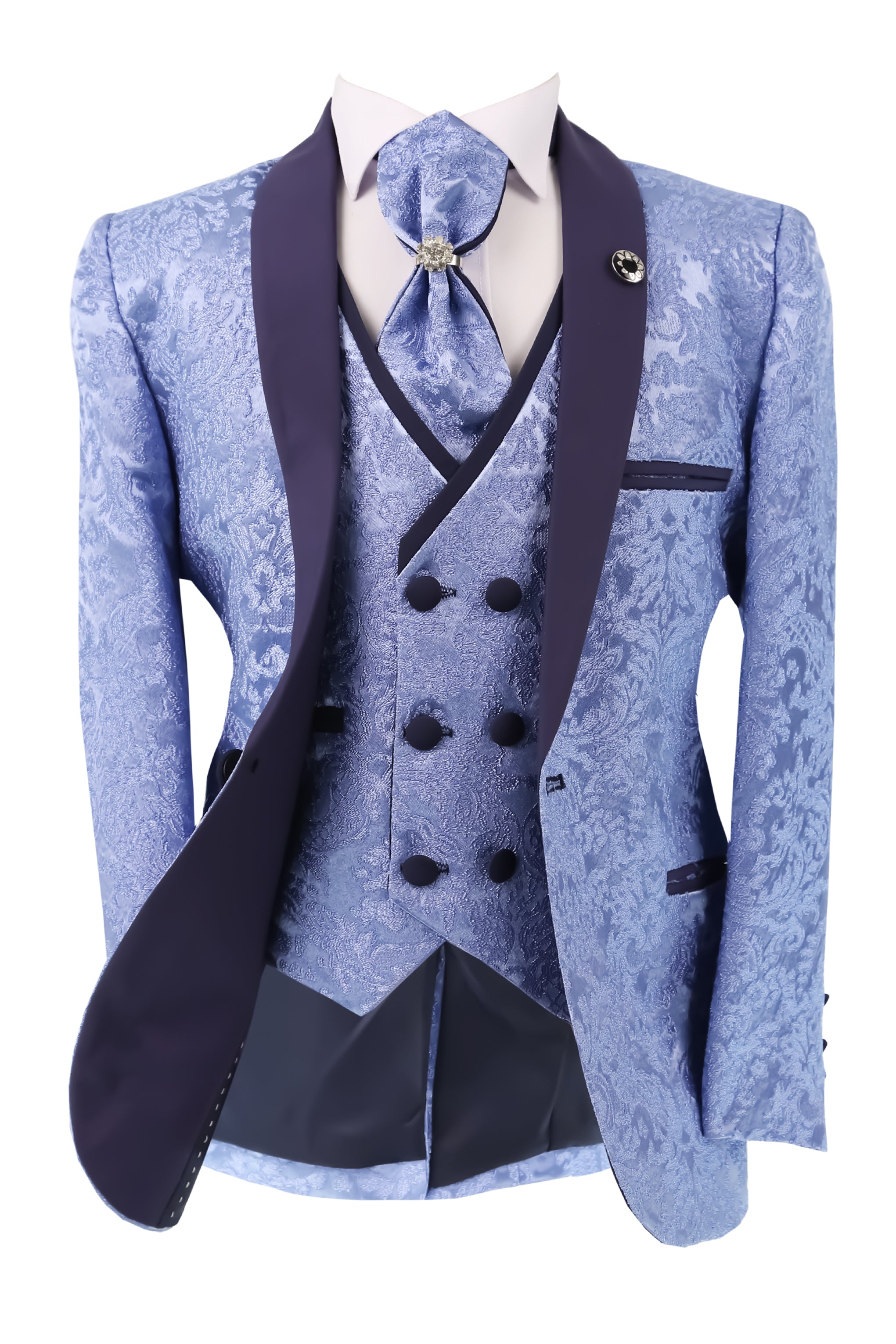 Boys Slim Fit Paisley Floral Patterned 5 Piece Tuxedo Suit Set in Blue ...