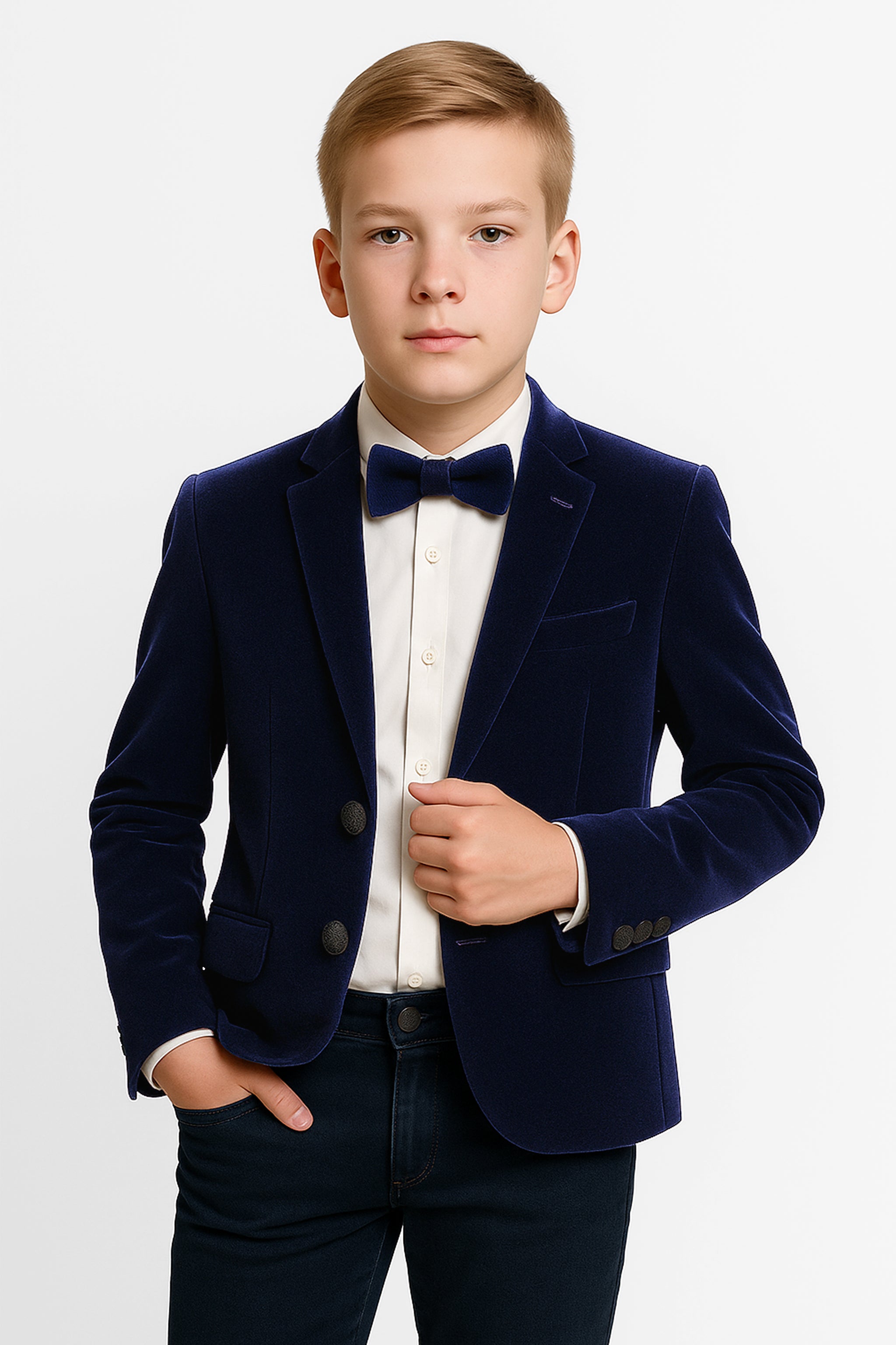 Boys Velvet Blazer Slim Fit Formal Jacket in Navy | Sirri