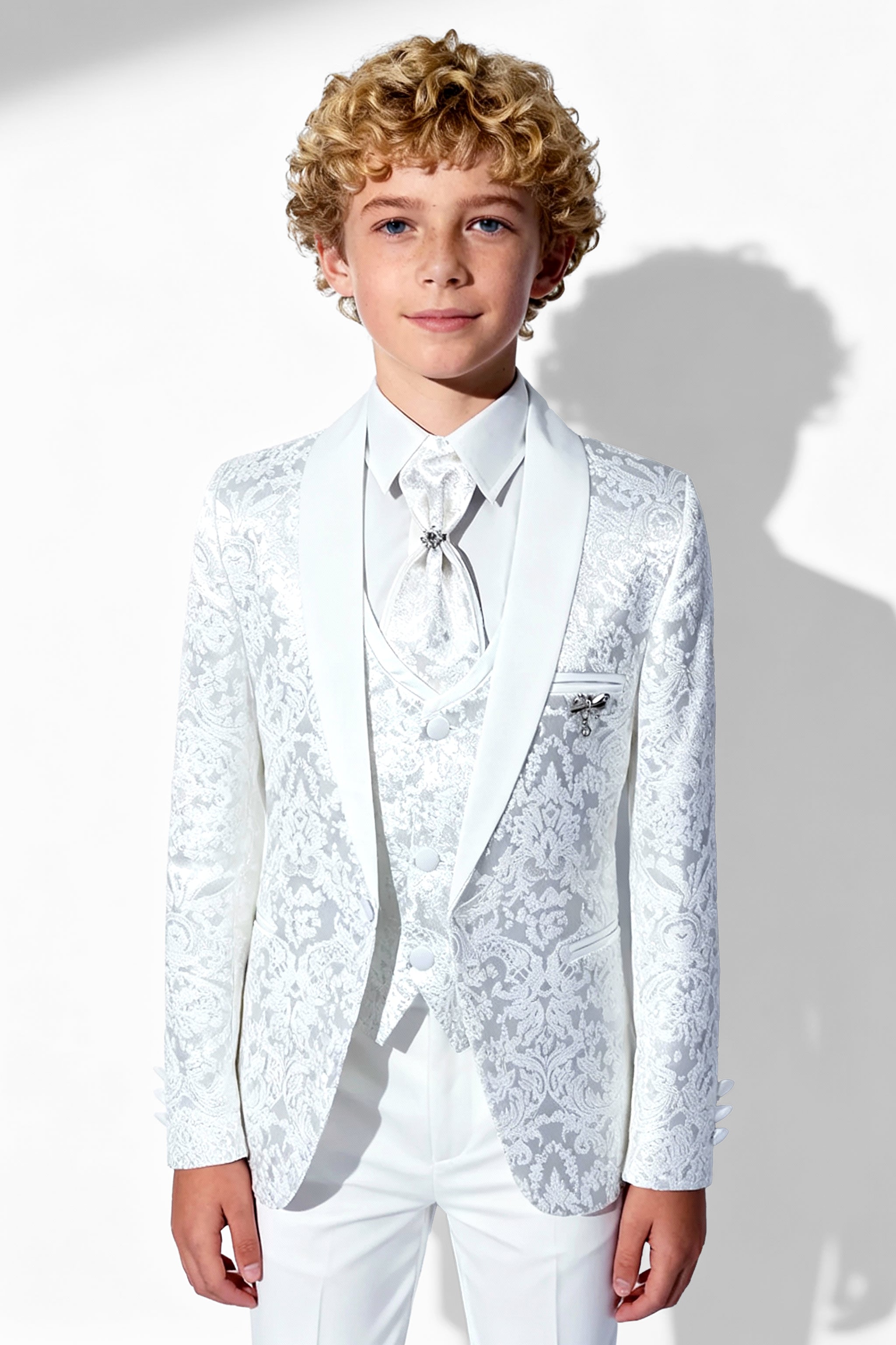 Boys Paisley Jacquard Communion Tuxedo Suit in White | Sirri