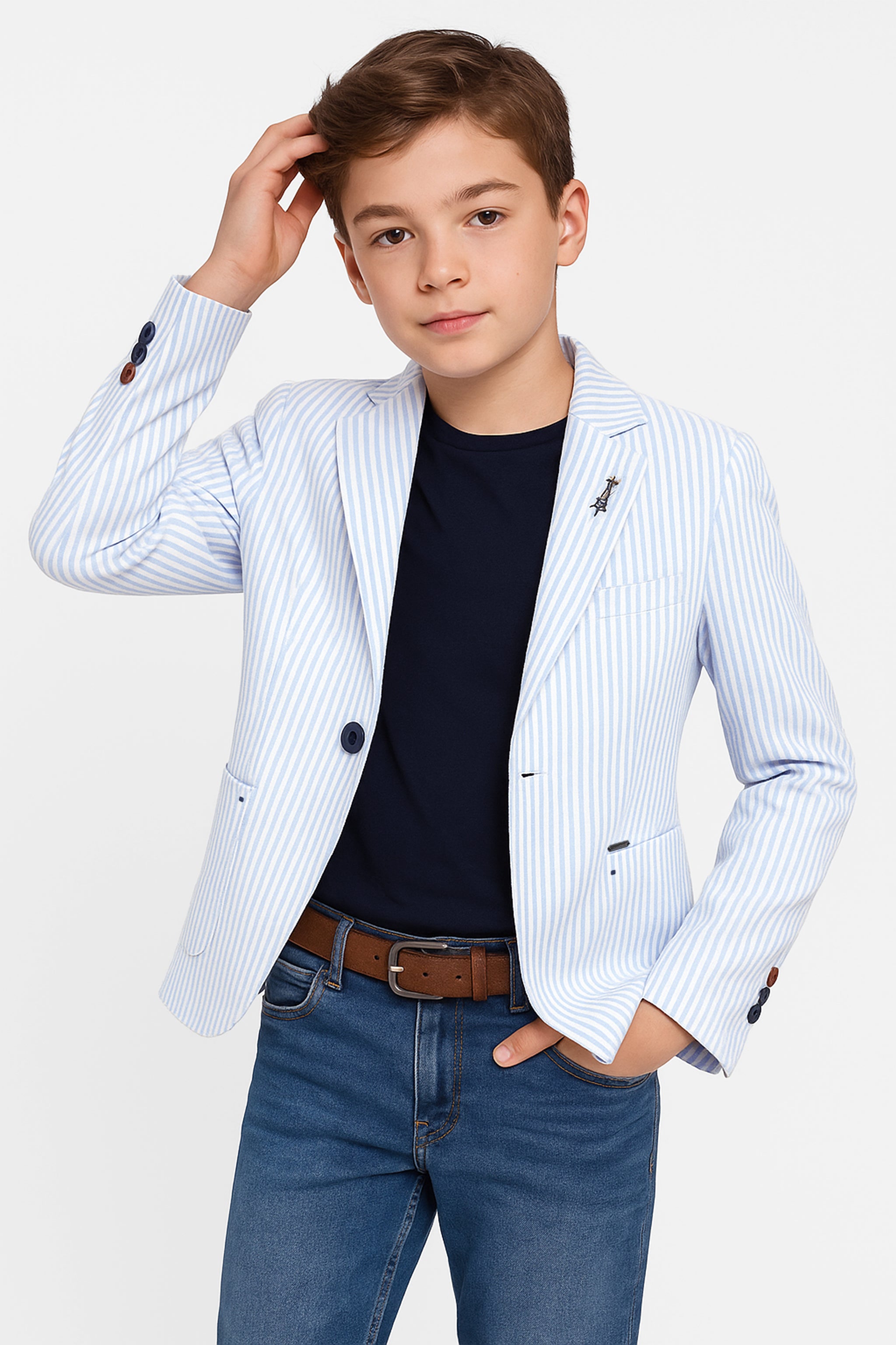 Boys Striped Boating Slim Fit Blazer in Sky Blue | Sirri