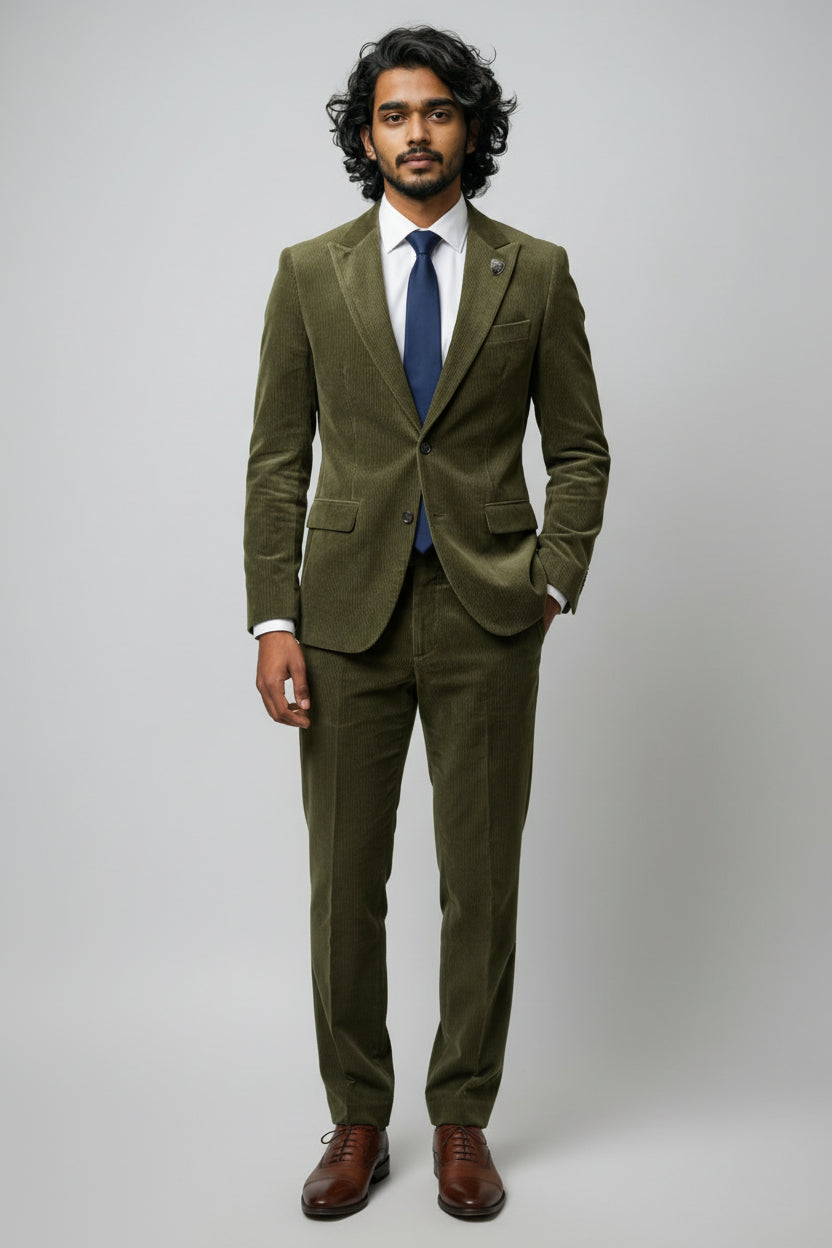 Men’s 2 PC Corduroy Formal Suit in Green & Light Blue| Sirri