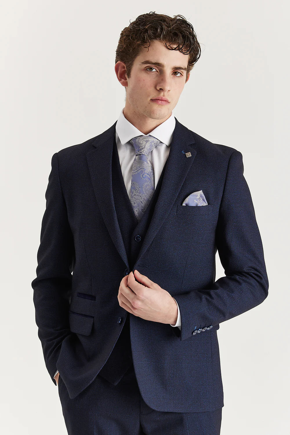 Men’s 3 Piece Glen Check Suit in Navy | Sirri