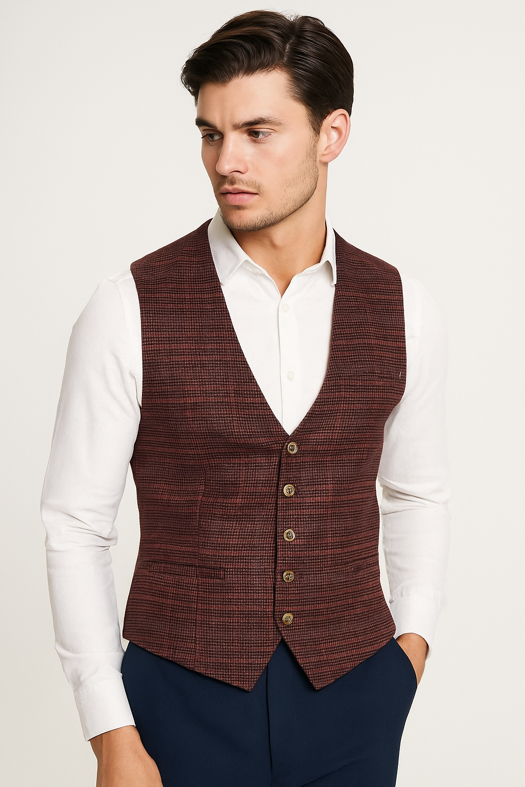 Men’s Burgundy Tweed-Style Check Waistcoat Patterned Lining