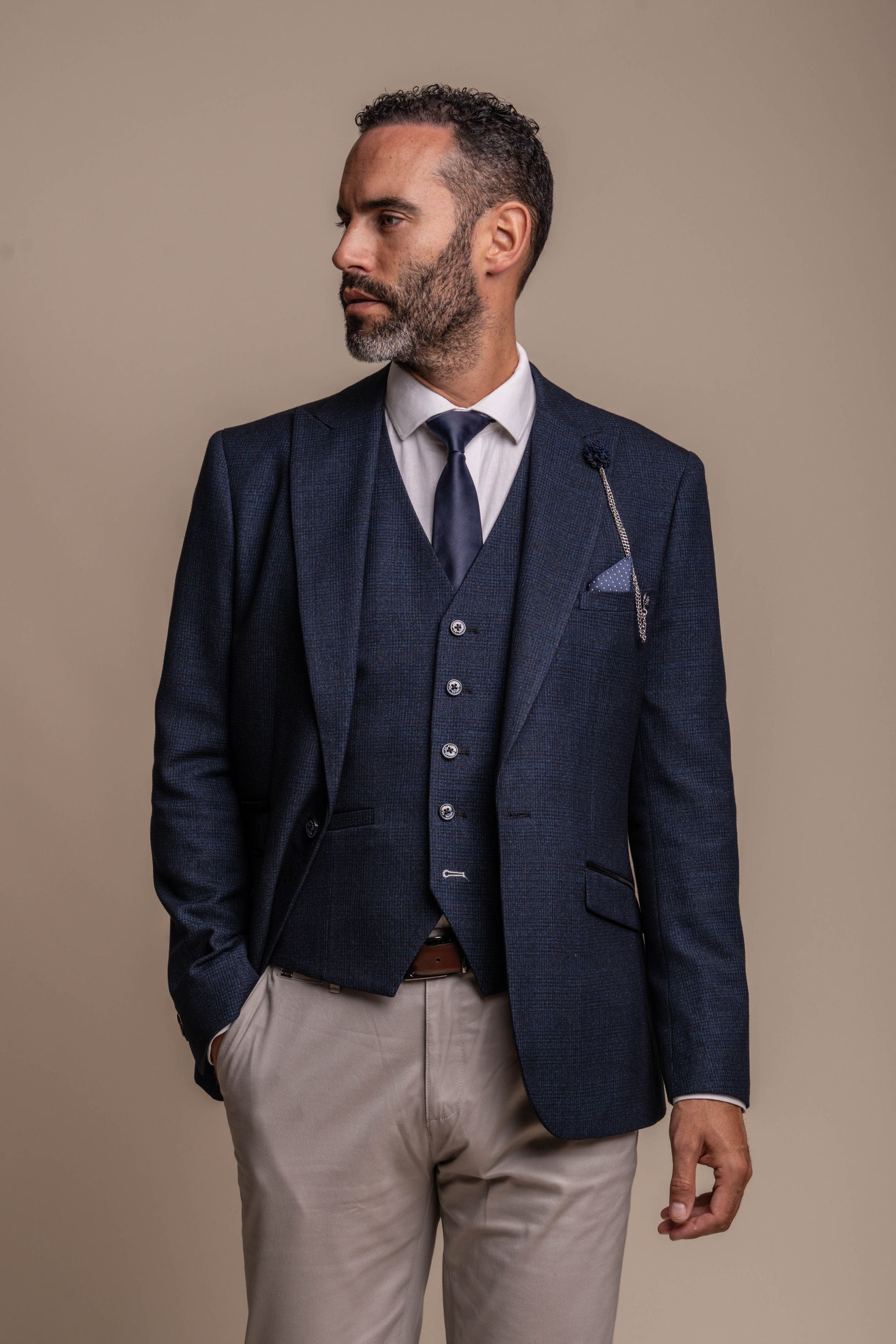 Men? s Navy Slim Fit Tweed Check Suit & Beige Chino Trousers Set ...