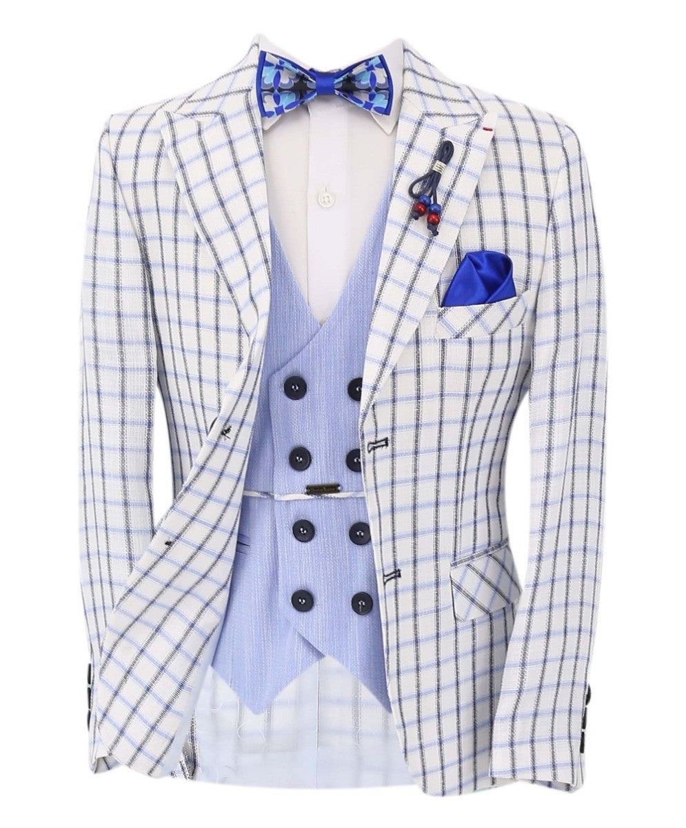 Boys Check Slim Fit Blazer and Waistcoat Suit Set | SIRRI