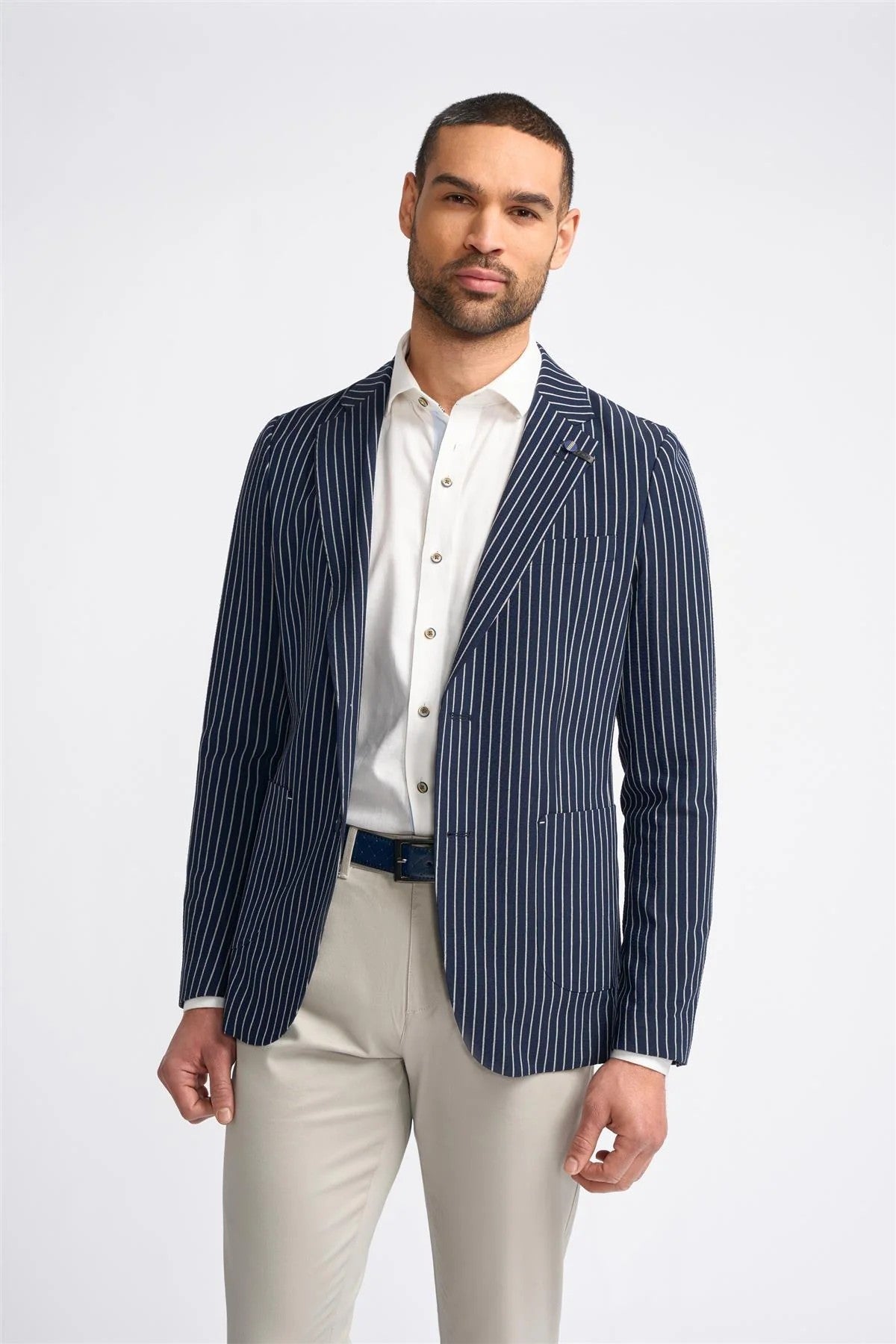Men’s Slim Fit Business-Casual Pinstripe Navy Blazer | SIRRI