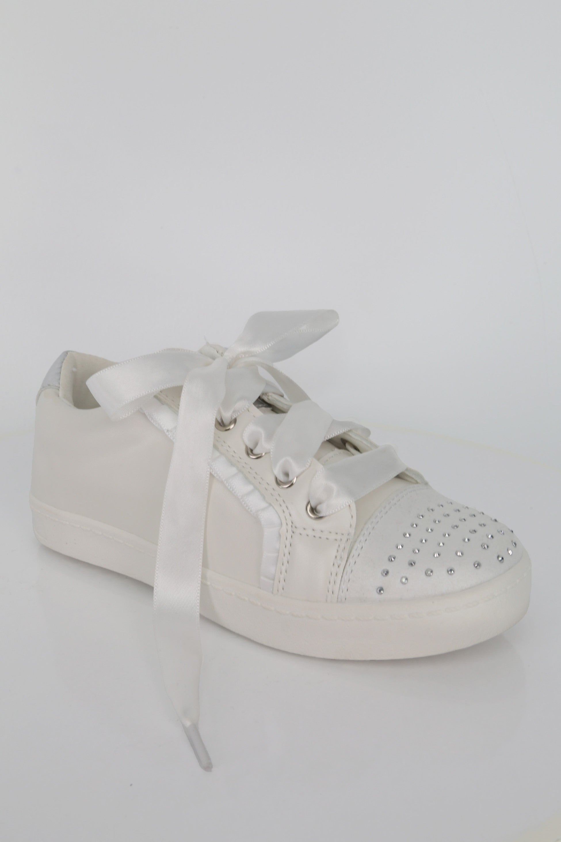 Girls White Sneakers with Ruffle & Rhinestones | SIRRI