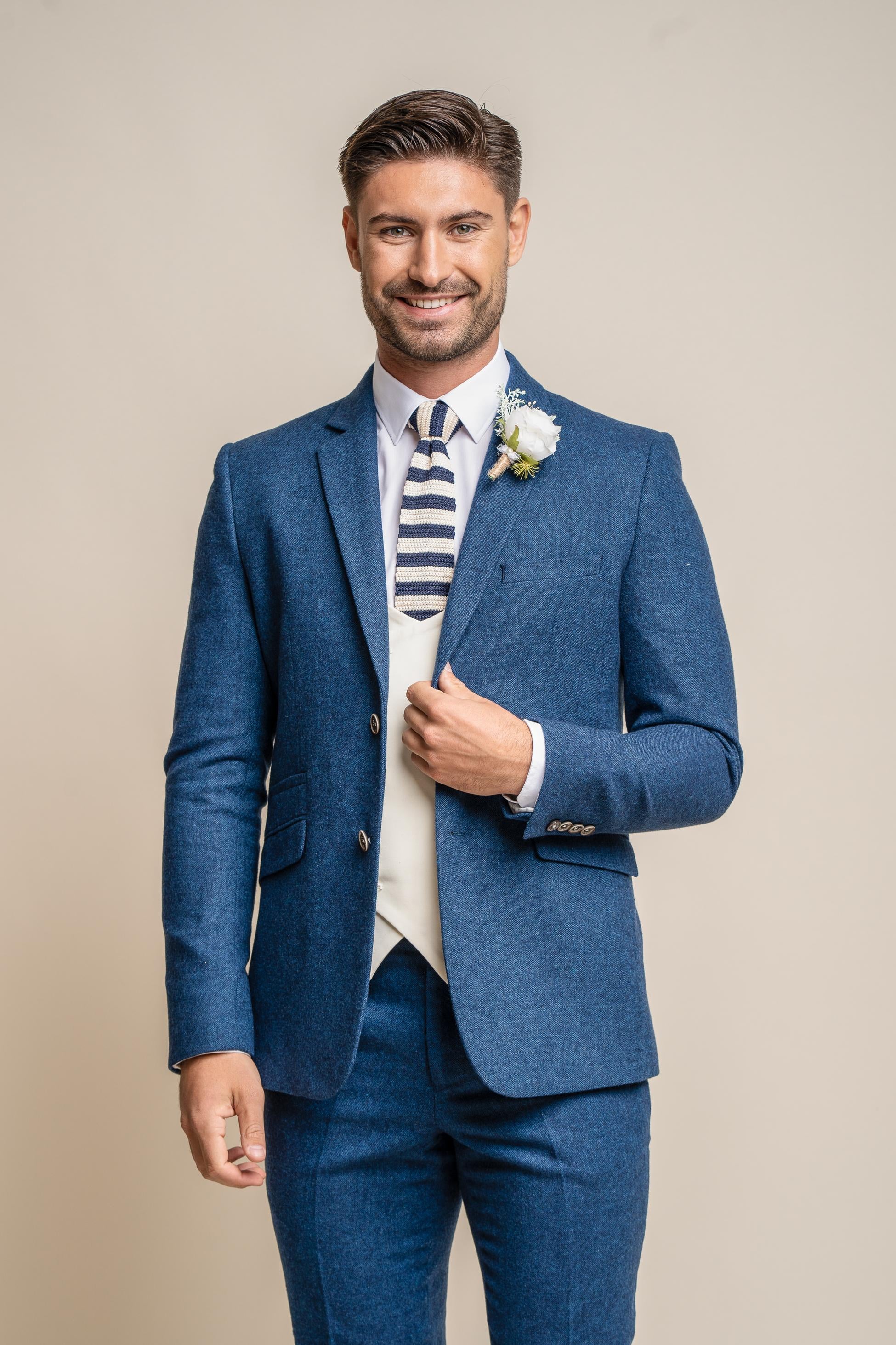 Men's Slim Fit Blue Tweed Wool Suit with Beige Ecru Double-Breasted ...