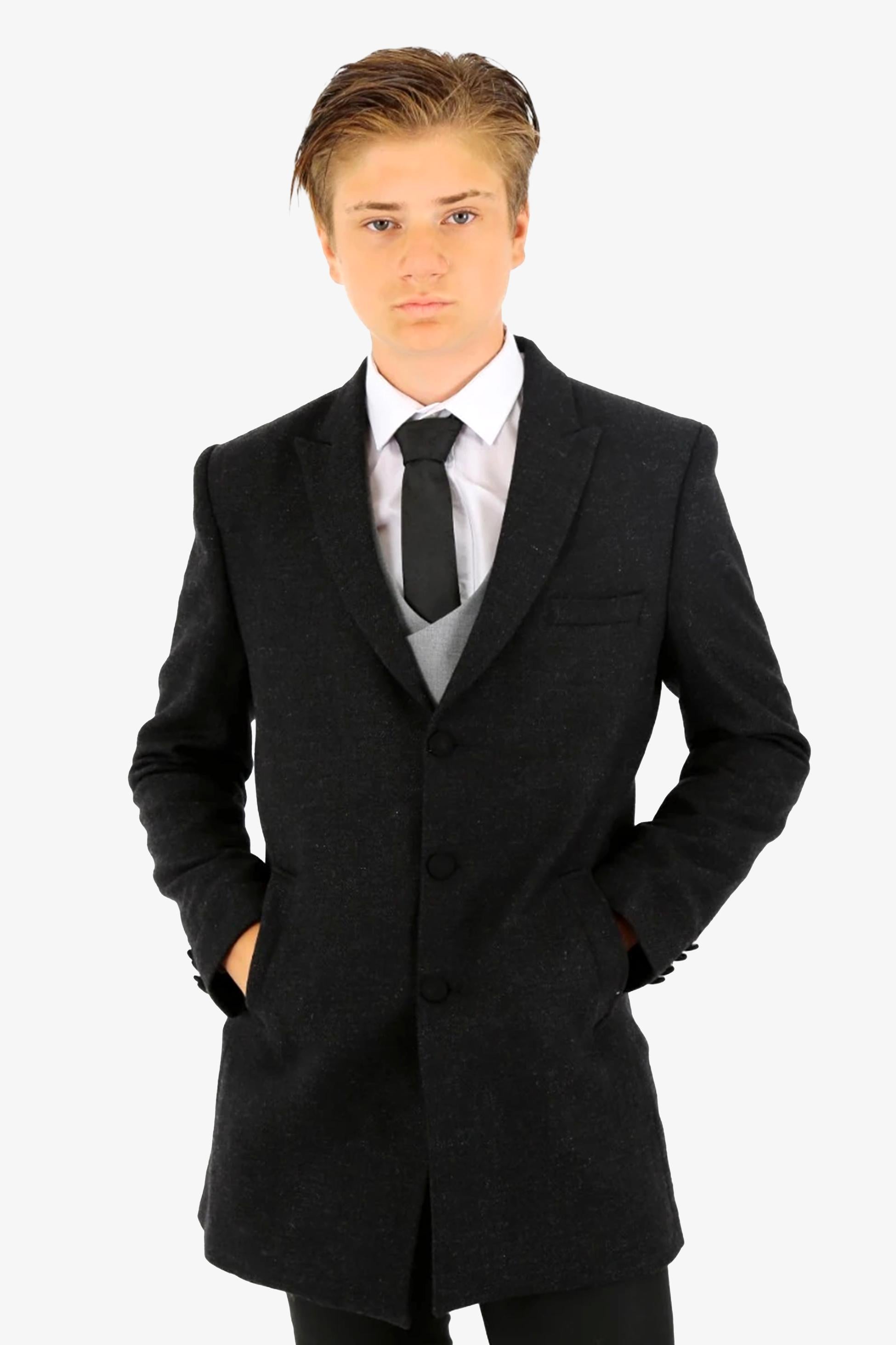 Boys Wool Tweed Herringbone Tailored Fit Midi Winter Coat | SIRRI